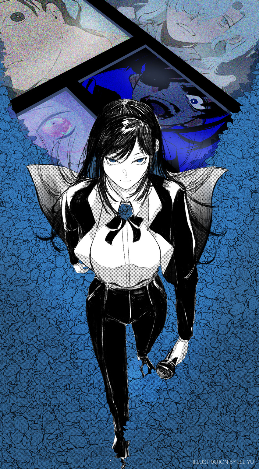 Safebooru - 1girl absurdres ado (utaite) black coat black hair black pants blue flower blue hair ...
