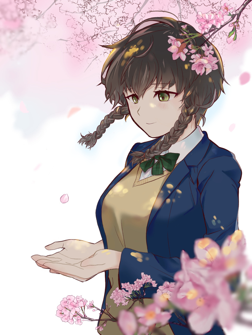 Safebooru - 1girl amane suzuha blazer bow bowtie braid brown hair cherry blossoms collar cupping ...