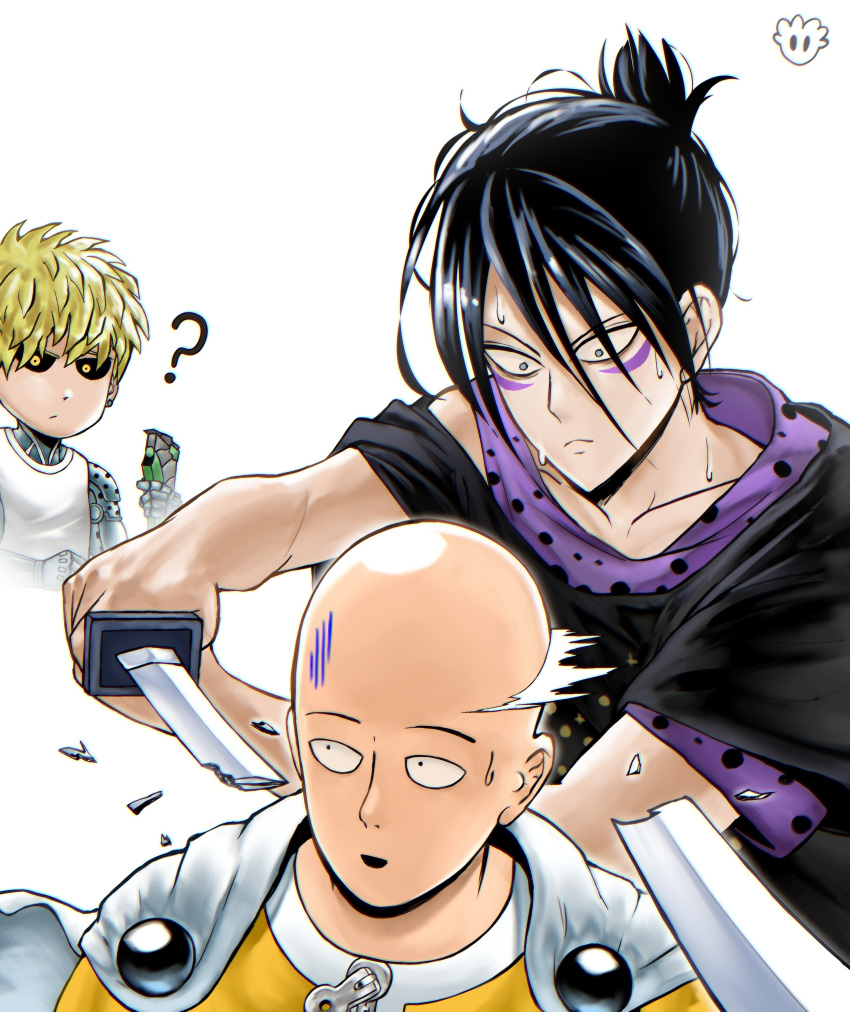 Safebooru - 3boys ? absurdres bald black hair black sclera blonde hair broken broken sword ...