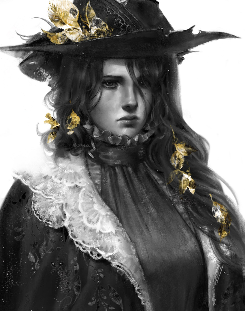 Safebooru - 1girl cape closed mouth greyscale hat high collar highres ...