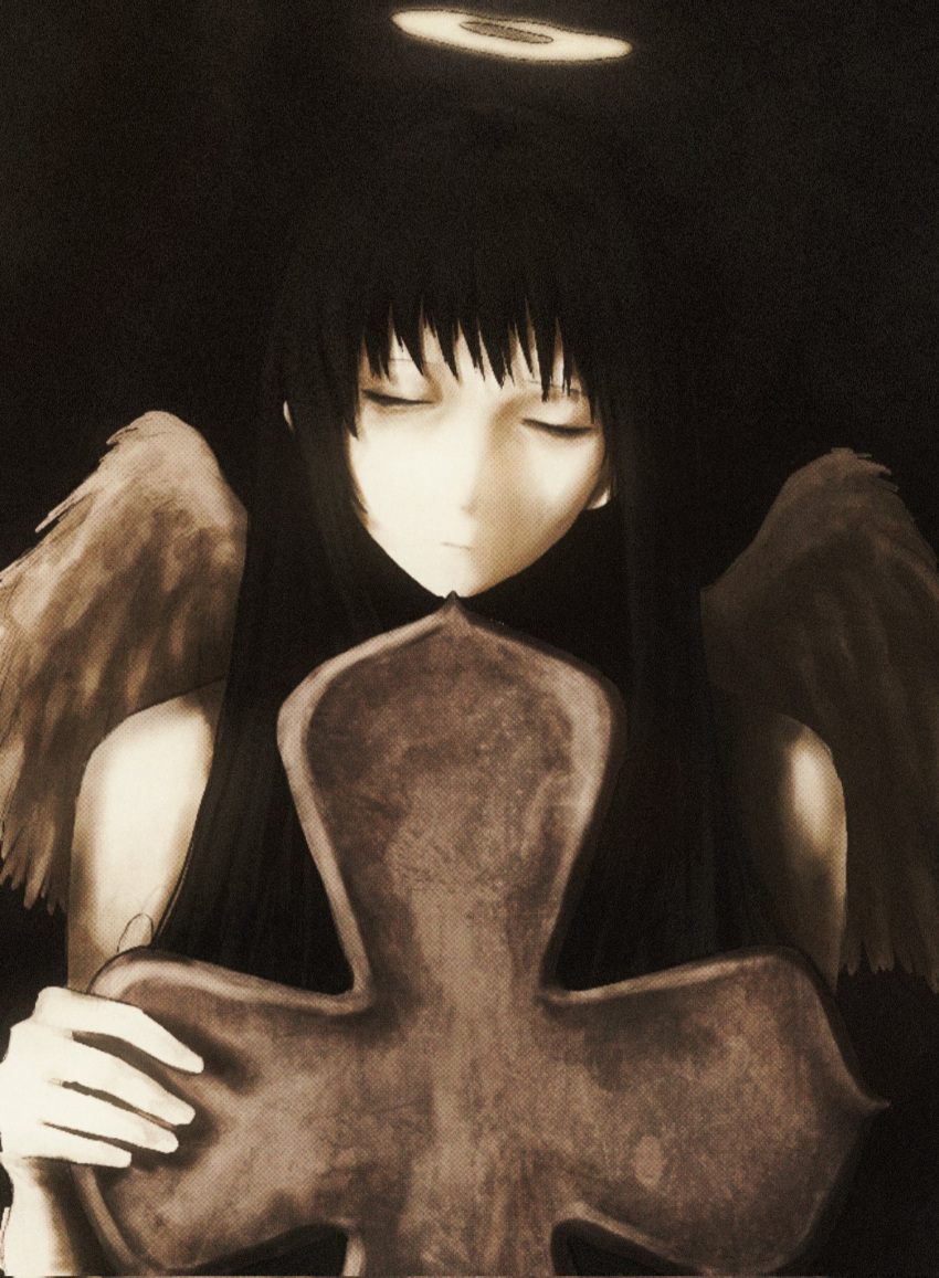Safebooru - angel wings black hair haibane renmei halo highres long ...