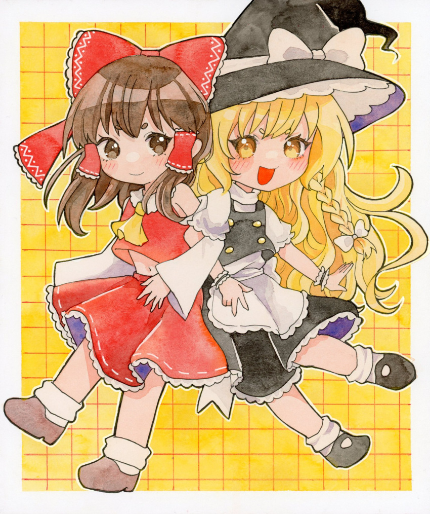 Safebooru - 2girls ascot back bow bare shoulders black hat black shoes black skirt blonde hair ...