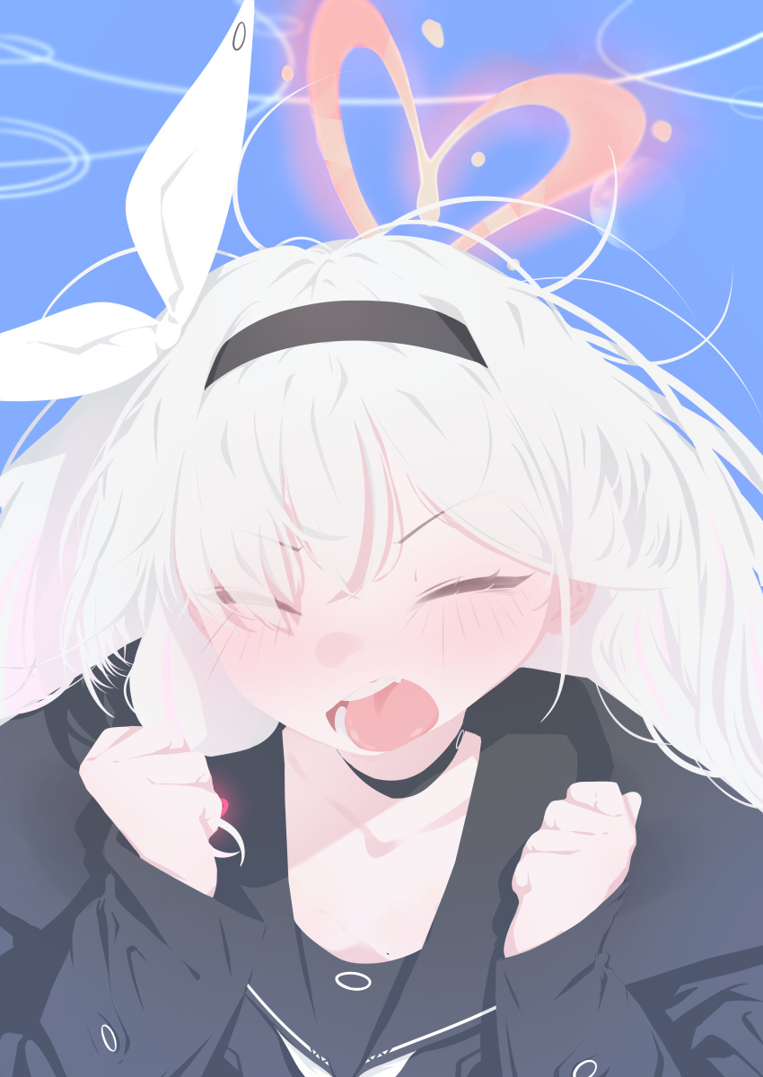 Safebooru - 1girl absurdres black choker black hairband black shirt blue archive choker clenched ...