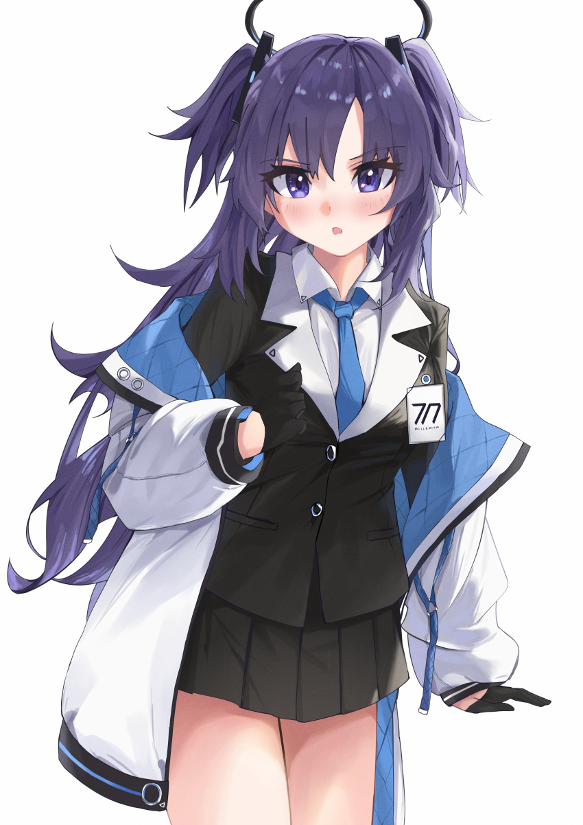 Safebooru - 1girl absurdres arm at side black gloves black halo black skirt black suit blue ...