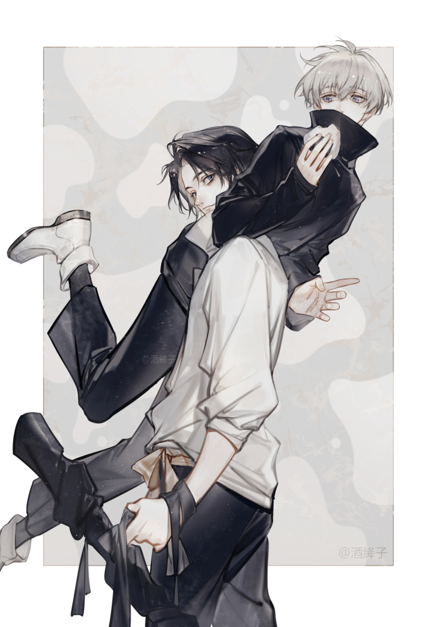 Safebooru - 2boys artist name black eyes black hair black jacket black pants blue eyes covered ...