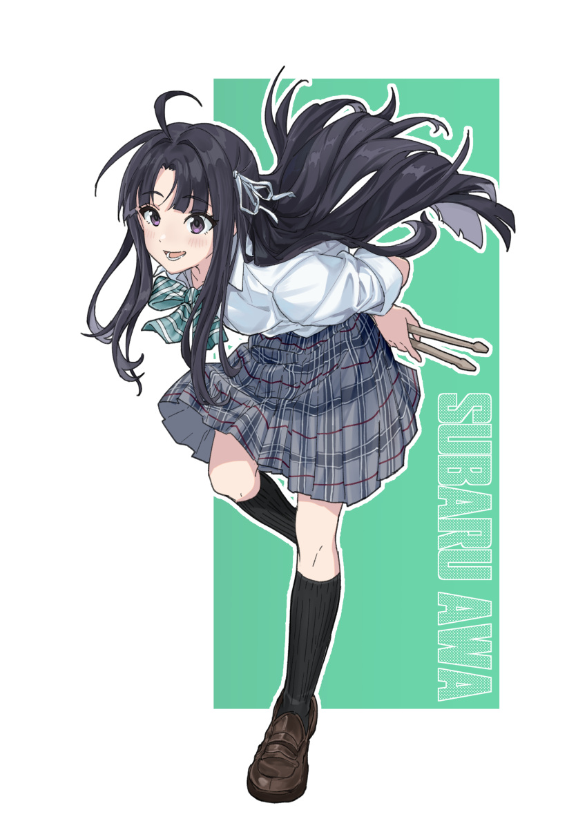 Safebooru - 1girl absurdres ahoge arms behind back awa subaru black hair black socks blue bow ...
