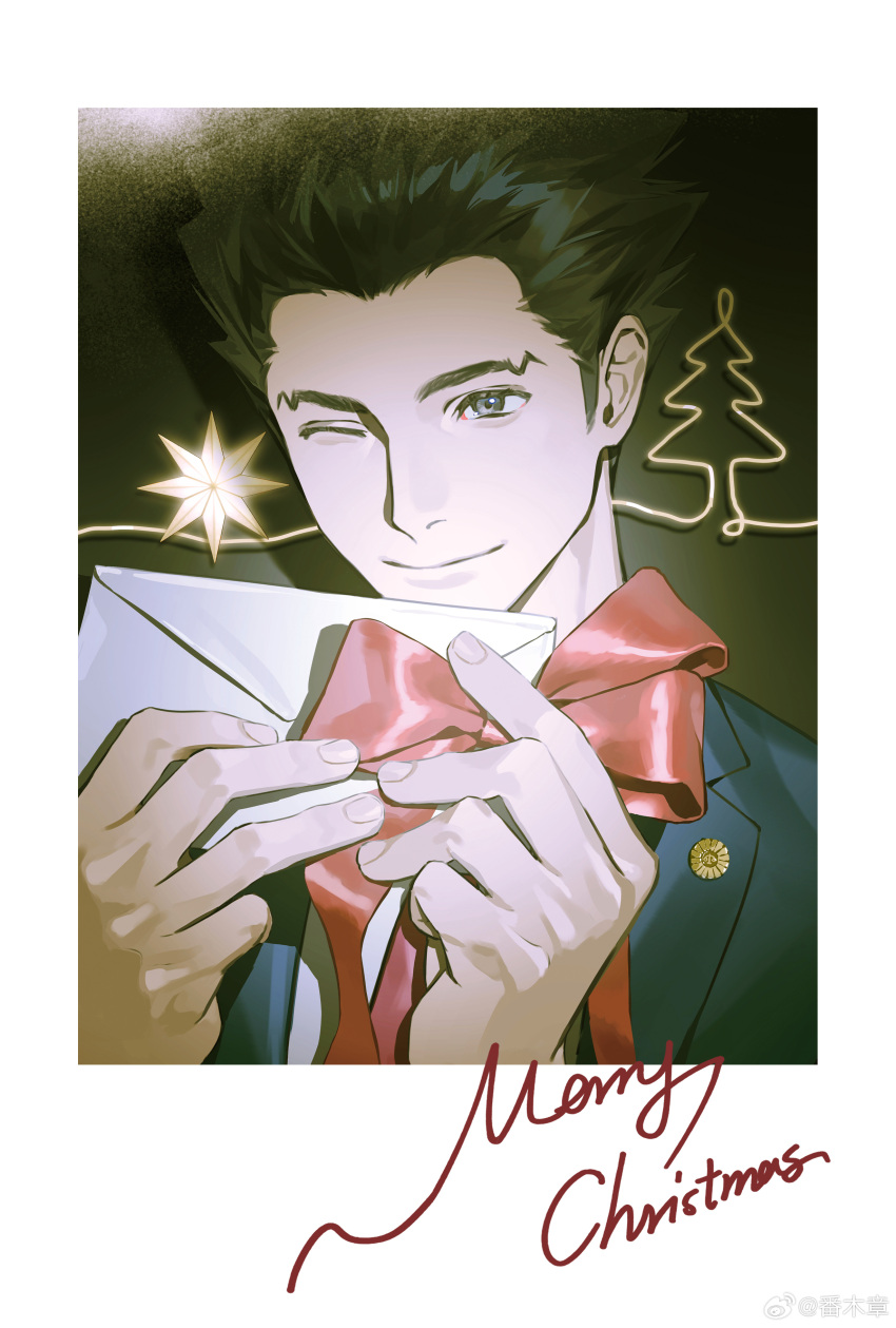Safebooru - 1boy absurdres ace attorney black hair blue jacket bow christmas closed mouth fan mu ...