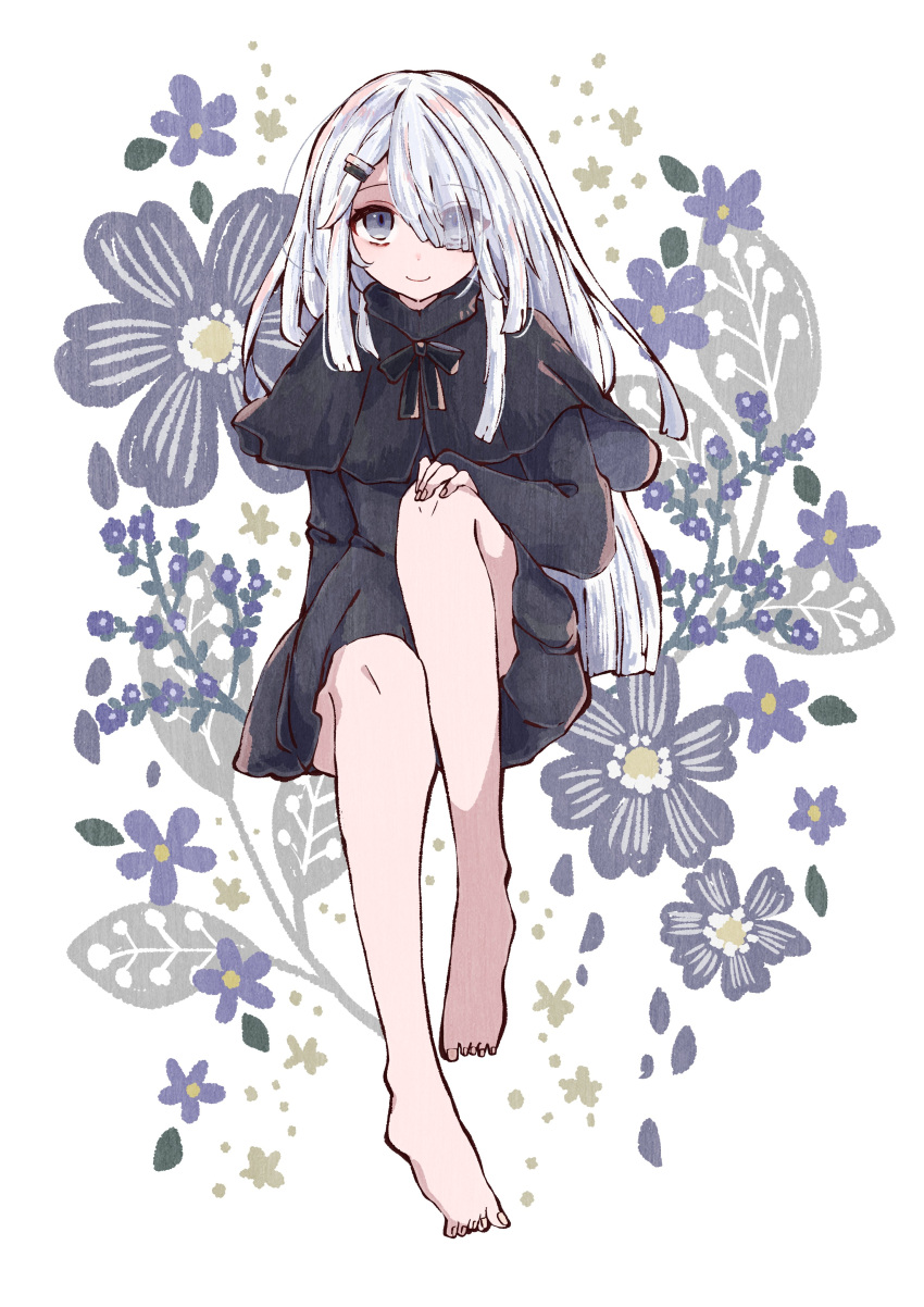 Safebooru - absurdres barefoot black capelet black dress bloomminority capelet dress flower hair ...