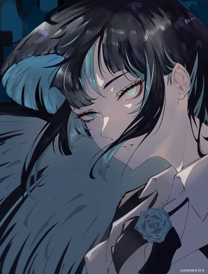 Safebooru - 1girl absurdres ado (utaite) aegyo sal artist name black hair blue eyes blue flower ...