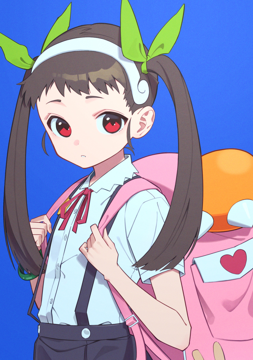 Safebooru - 1girl backpack bag black hair black skirt blue background collared shirt hachikuji ...