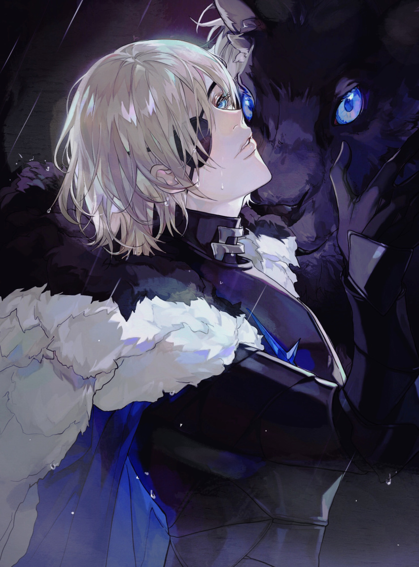 Safebooru - 1boy animal arm up armor armored gloves arms up black armor black fur black gloves ...