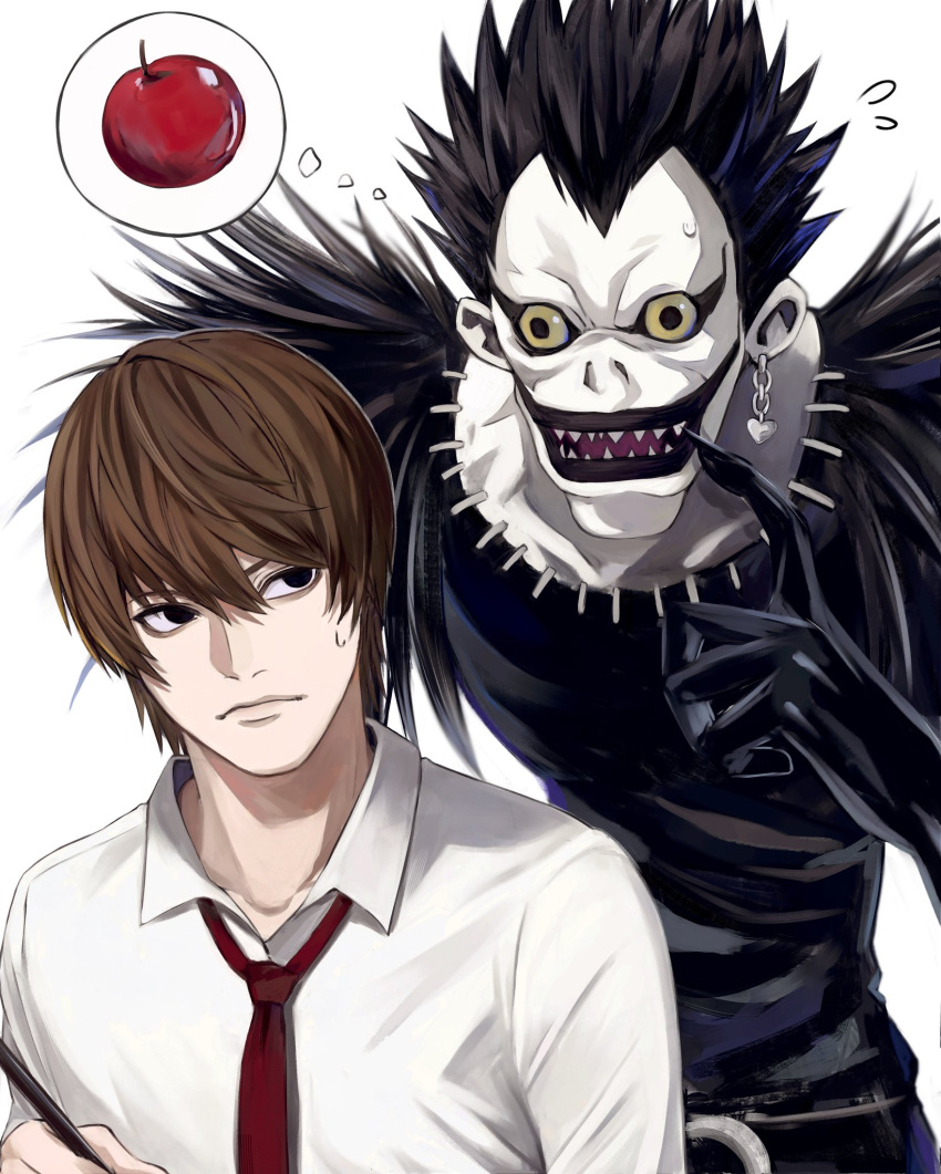 Safebooru - 2boys apple black eyes black hair brown hair closed mouth collared shirt colored ...