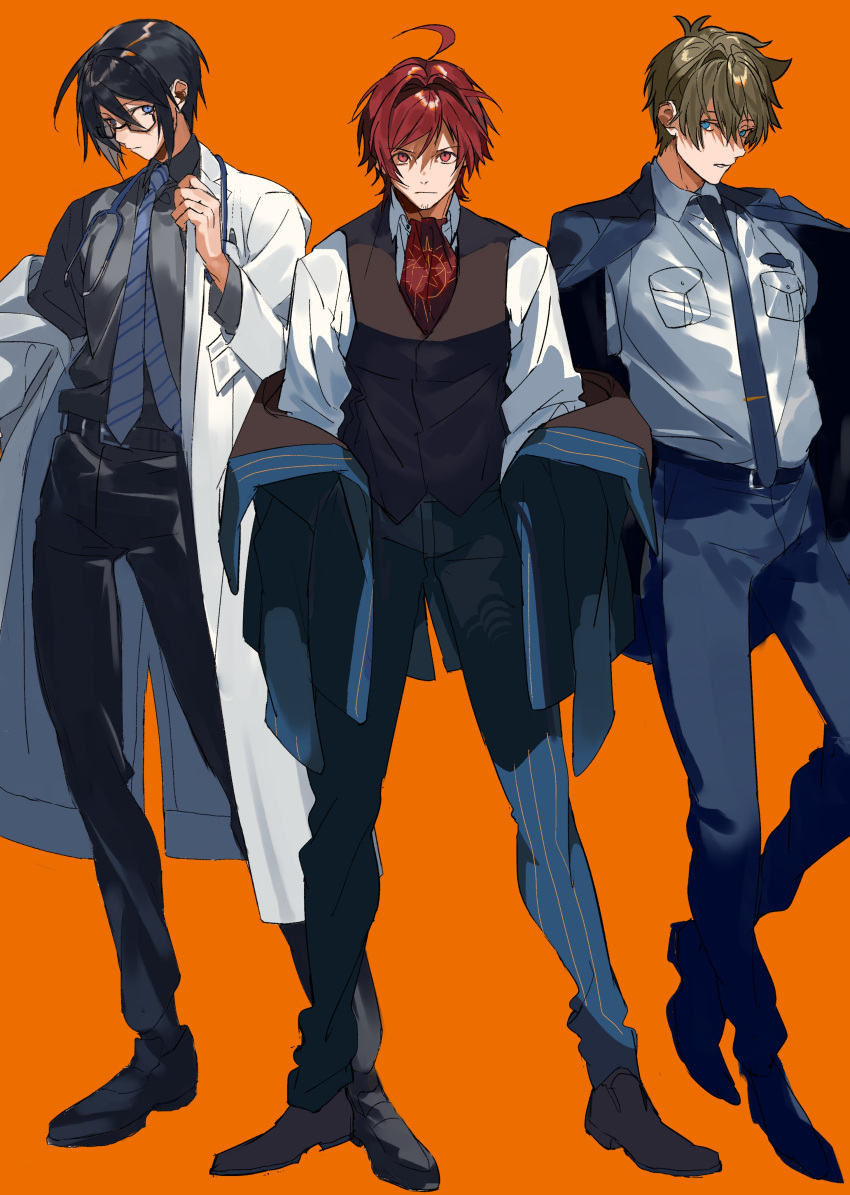 Safebooru - 3boys absurdres ahoge ascot belt black-framed eyewear black ...