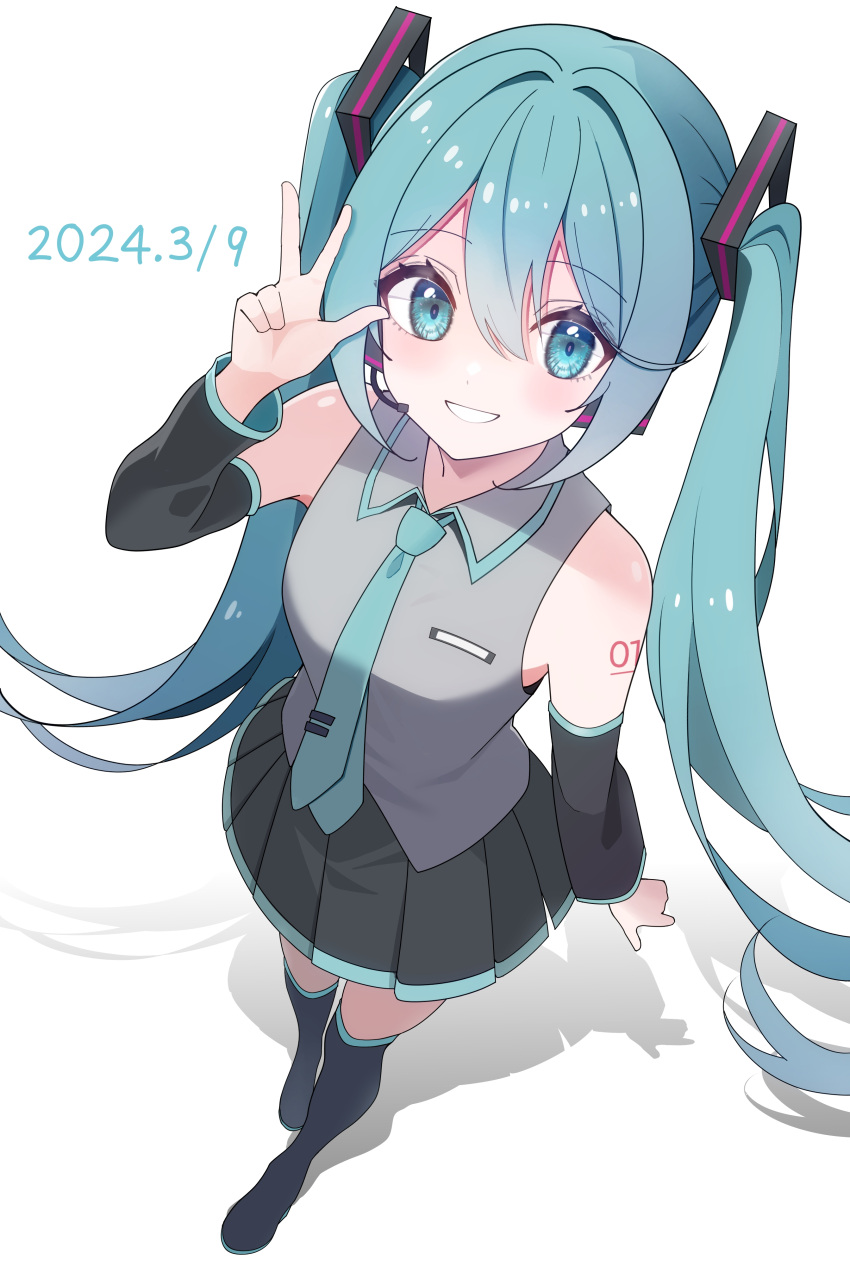 Safebooru - 1girl 39 absurdres aqua eyes aqua hair aqua necktie bare shoulders black sleeves ...