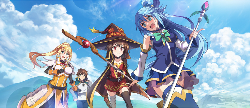 Safebooru - 1boy 3girls :d aqua (konosuba) arm guards armor armpit crease bandaged leg bandages ...