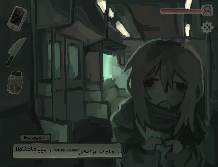 Safebooru - 1girl black eyes ceiling light cellphone dark dialogue box ...