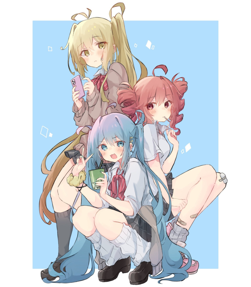 Safebooru - 3girls :3 ahoge akita neru aqua eyes aqua hair aqua nails bandage on knee bike ...