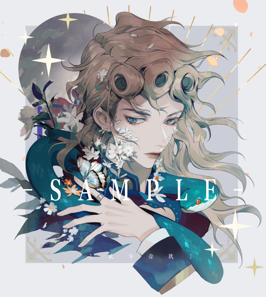 Safebooru - 1boy blonde hair blue eyes braid bug butterfly closed mouth curly hair earrings ...