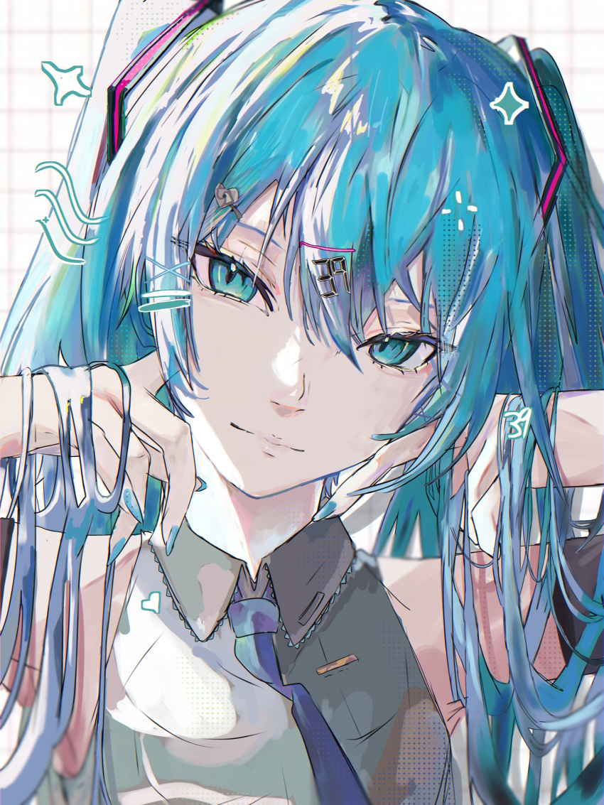 Safebooru - 1girl absurdres aqua hair blue eyes blue necktie closed mouth collared shirt ...