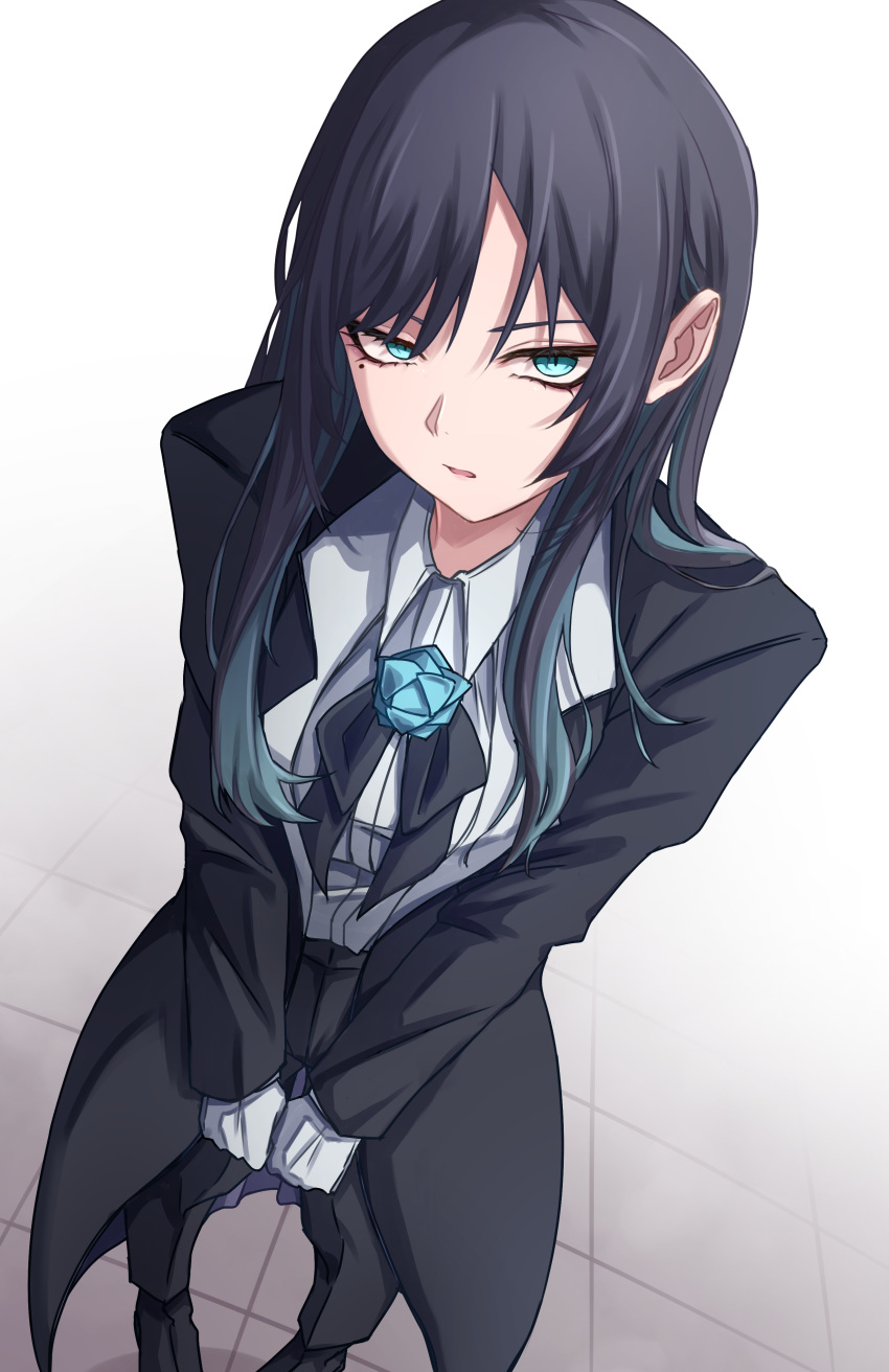 Safebooru - 1girl absurdres ado (utaite) black coat black hair black pants blue eyes chando (ado ...