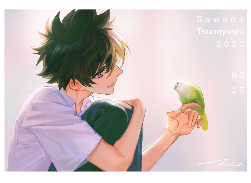 Safebooru - 1boy animal animal on hand artist name bird bird on hand black pants brown eyes ...