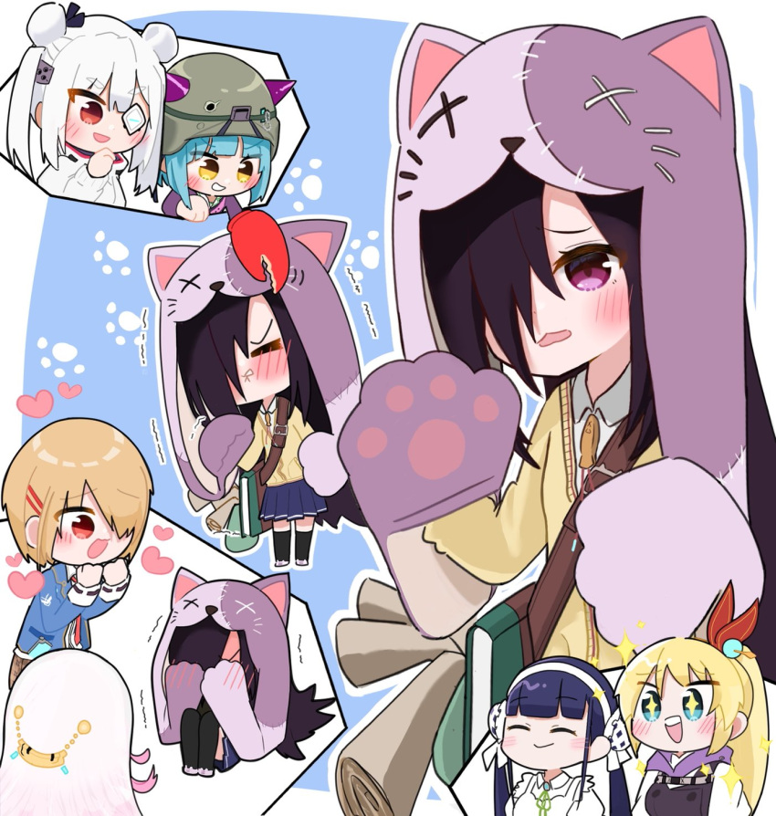 Safebooru - 6+girls animal hood black hair blonde hair blue hair blush ...