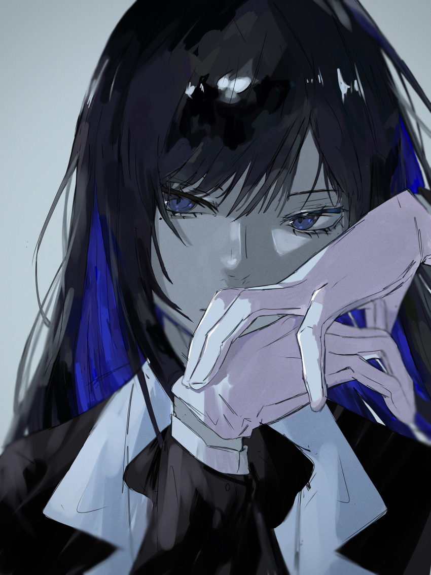 Safebooru - 1girl absurdres ado (utaite) arms up black bow black bowtie black hair blue eyes ...