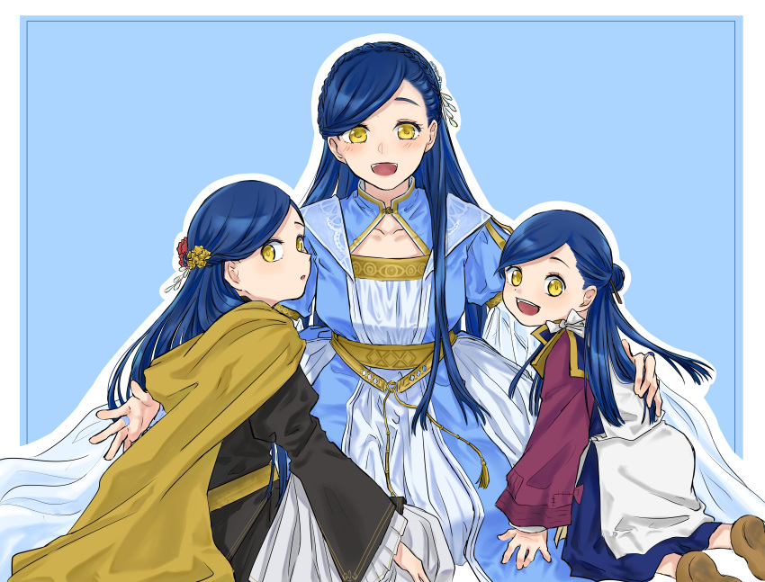 Safebooru - 1girl absurdres age progression apron blue dress blue hair cloak dress flower hair ...