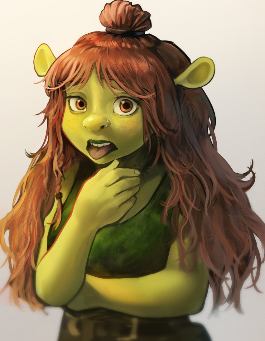 Safebooru - 1girl aiv brown eyes brown hair colored skin felicia (shrek) green shirt green skin ...