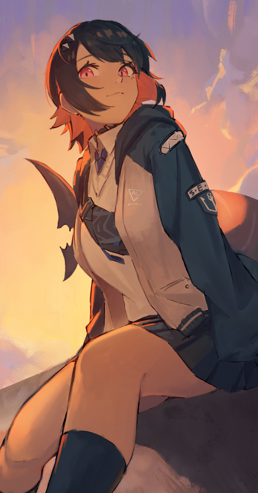 Safebooru - 1girl absurdres aozora 1051 black hair black skirt blue jacket cowboy shot ellen joe ...