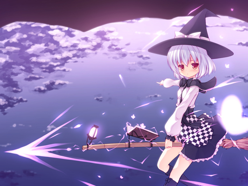 Safebooru Blush Book Boots Broom Broom Riding Brown Eyes Clouds Dress 9633
