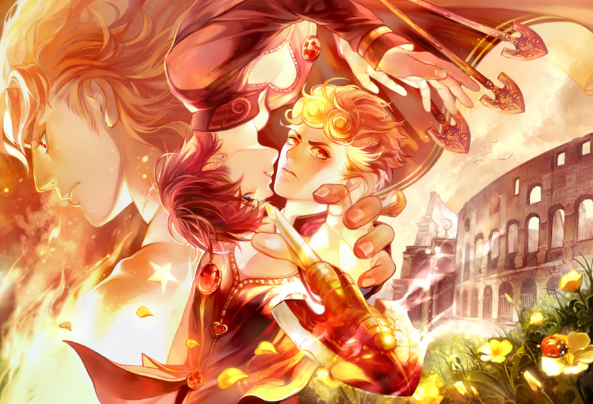 Safebooru - 3boys arrow birthmark blonde hair blue eyes colosseum dio brando dual persona flower ...