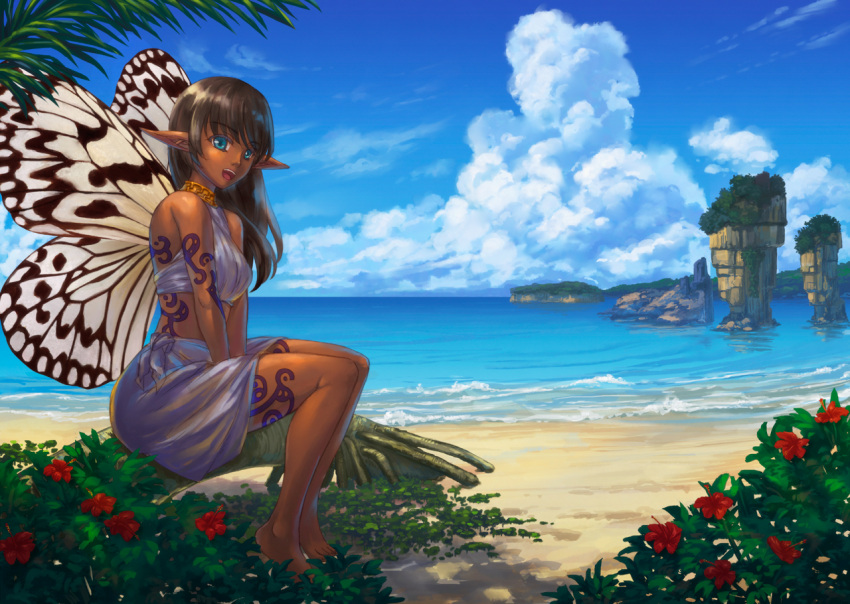 Safebooru - 1girl barefoot beach blue eyes brown hair butterfly wings dark skin flower genshi ...
