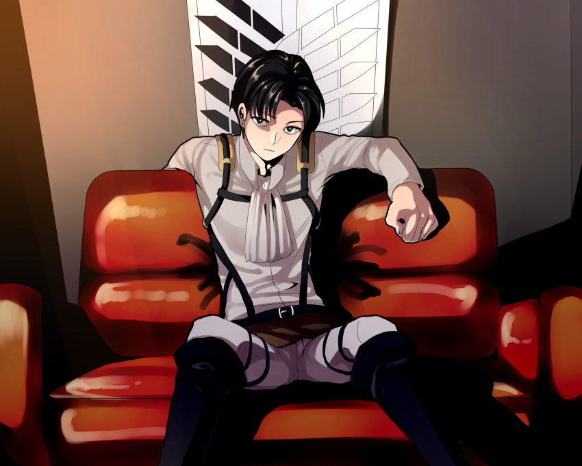 Safebooru - 1boy ascot belt black eyes black hair boots couch highres ichico rivaille shingeki ...