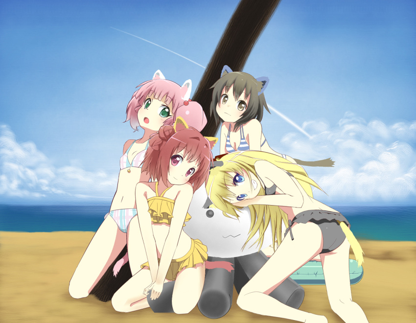 Safebooru - 4girls akaza akari animal ears beach bikini black hair blonde hair blue eyes brown ...