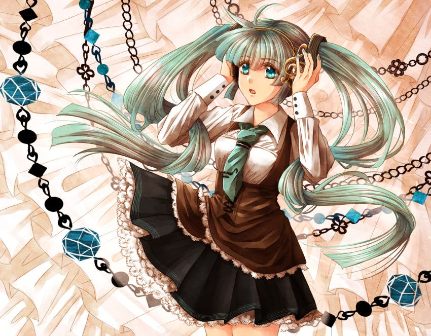 Safebooru - 1girl arms up chain green eyes green hair hatsune miku long ...