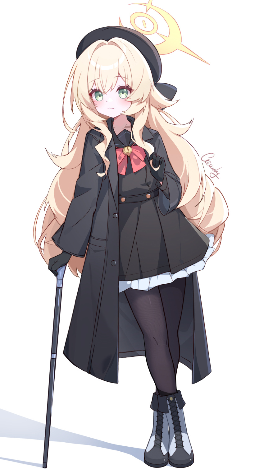 Safebooru - 1girl absurdres artist name beret black coat black gloves black hat black pantyhose ...