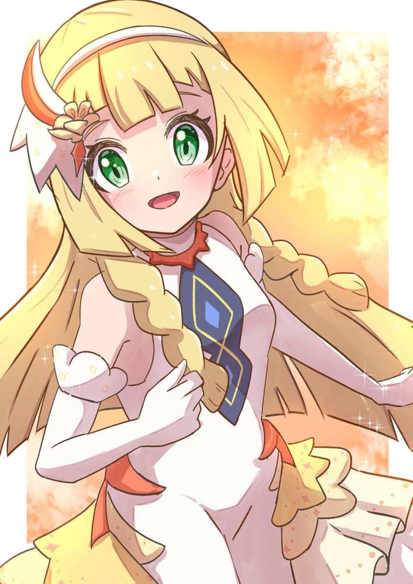 Safebooru - 1girl :d absurdres bare shoulders blonde hair braid commentary request dress elbow ...