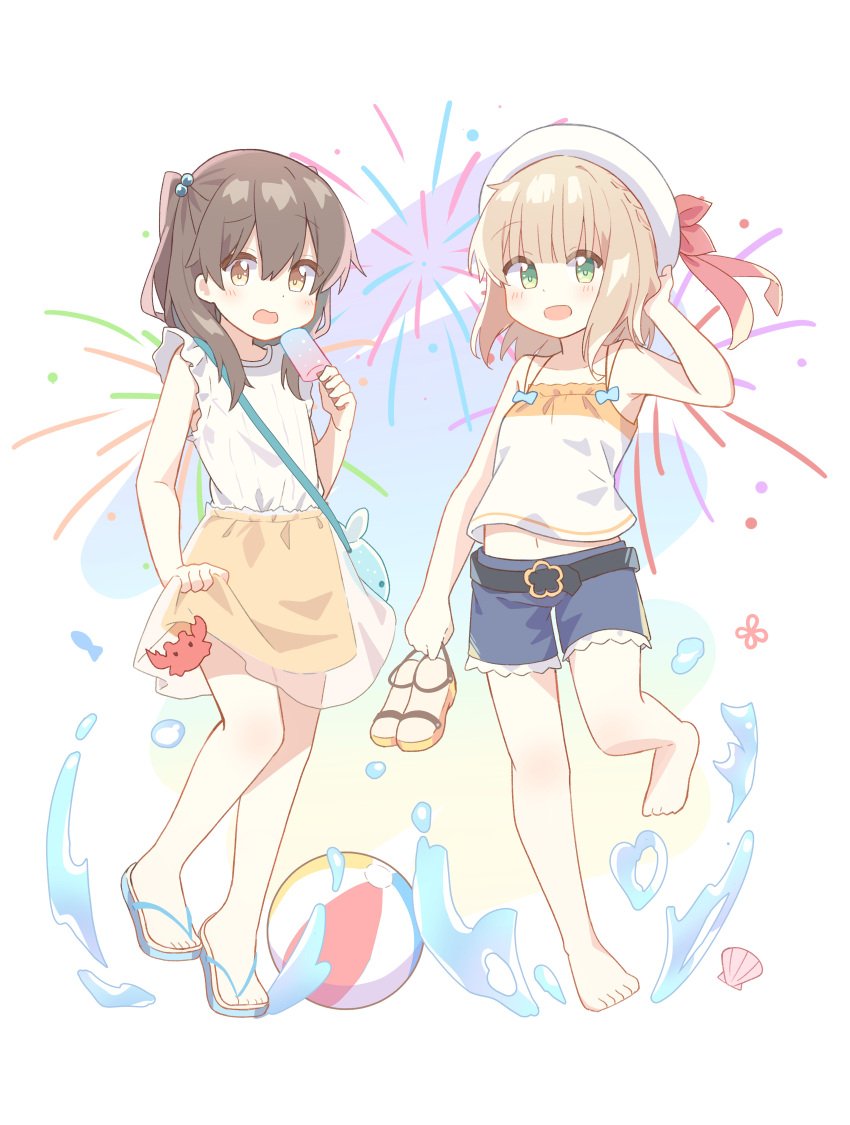 Safebooru - 2girls :d absurdres aerial fireworks bag ball bare arms bare shoulders beachball ...