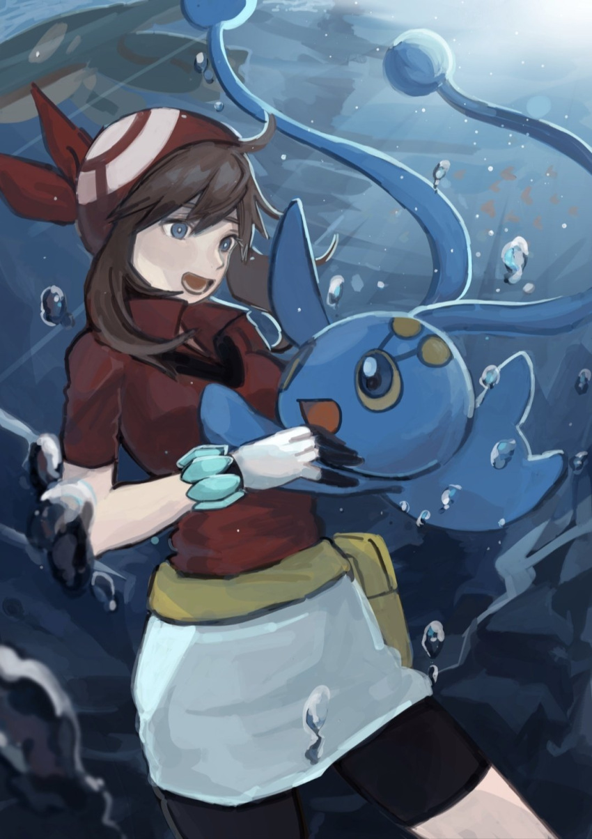 Safebooru - 1girl air bubble bandana bike shorts black shorts blue eyes brown hair bubble ...