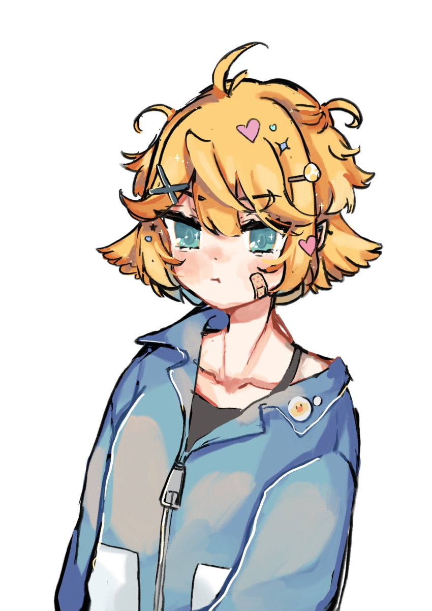 Safebooru - 127 :t ahoge badge bandaid bandaid on cheek bandaid on face black tank top blonde ...