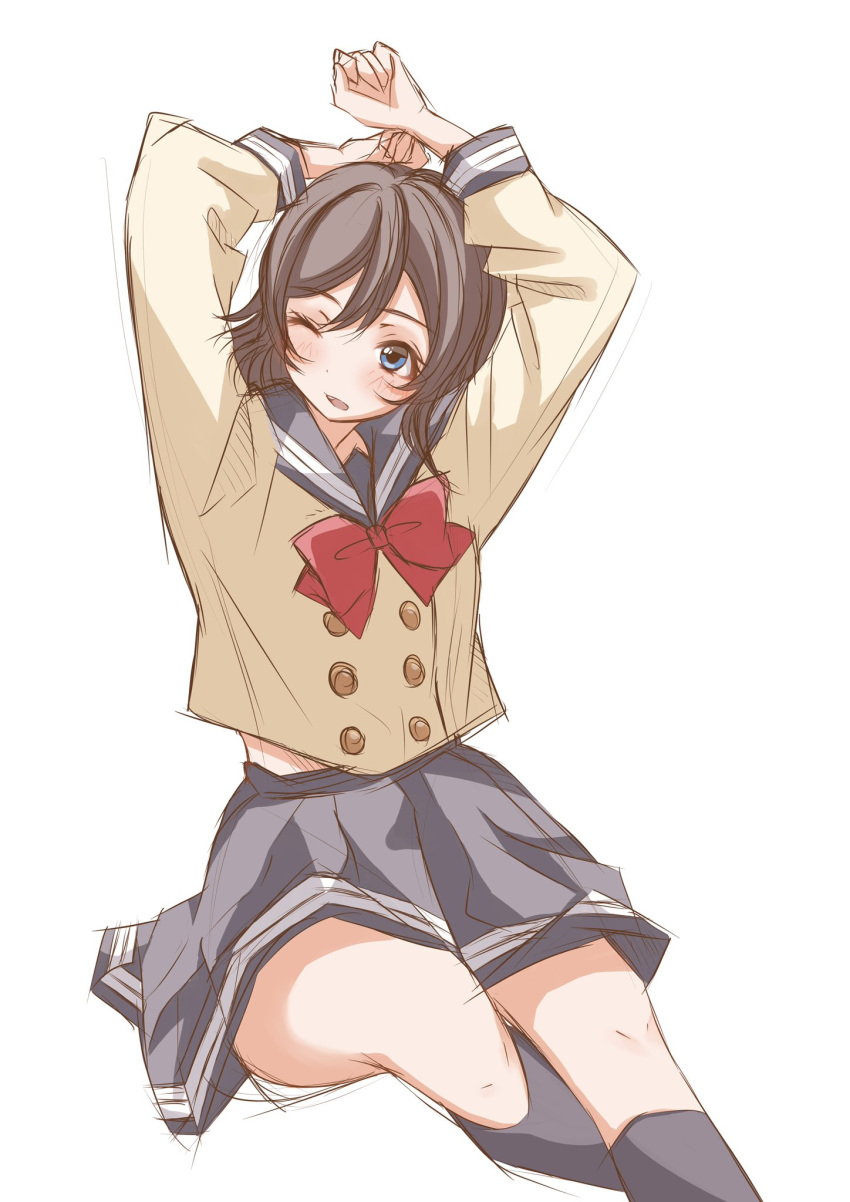 Safebooru - 1girl arm up blue eyes brown hair grey hair grey sailor collar grey skirt highres ...