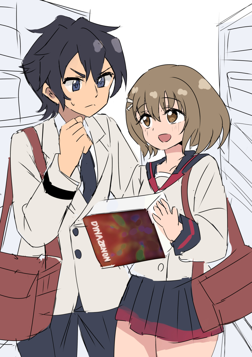 Safebooru - 1boy 1girl :d absurdres bag black hair black necktie black pants black sailor collar ...