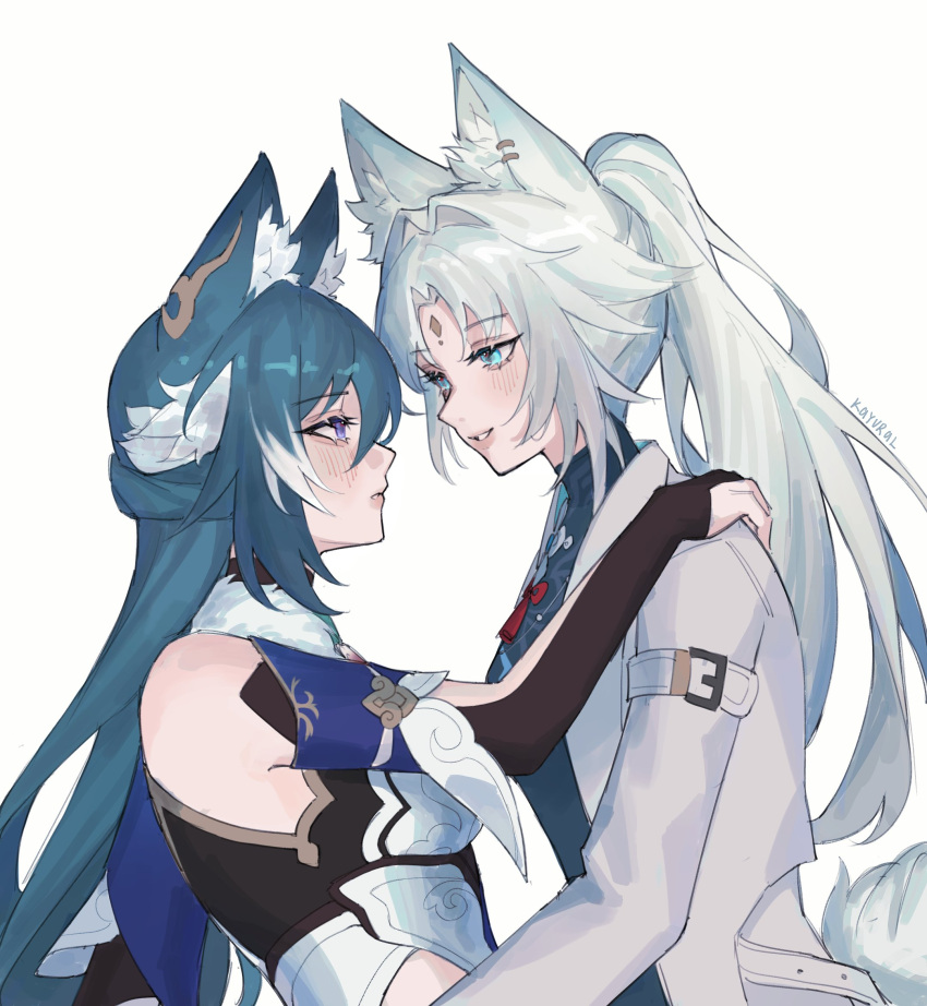 Safebooru - 2girls animal ear fluff animal ears aqua eyes bridal gauntlets coat commentary ...