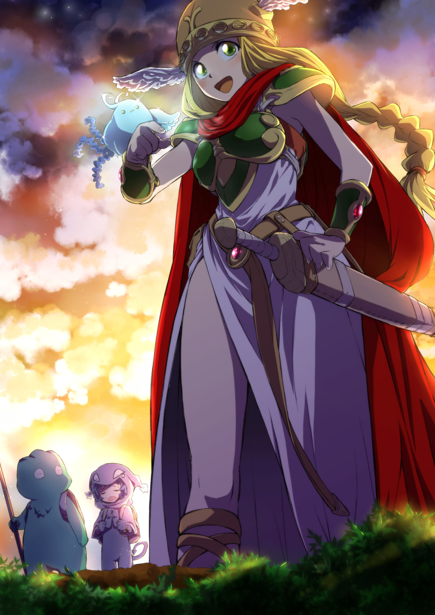 Safebooru - 2girls armor blonde hair cape dress grass green armor green ...