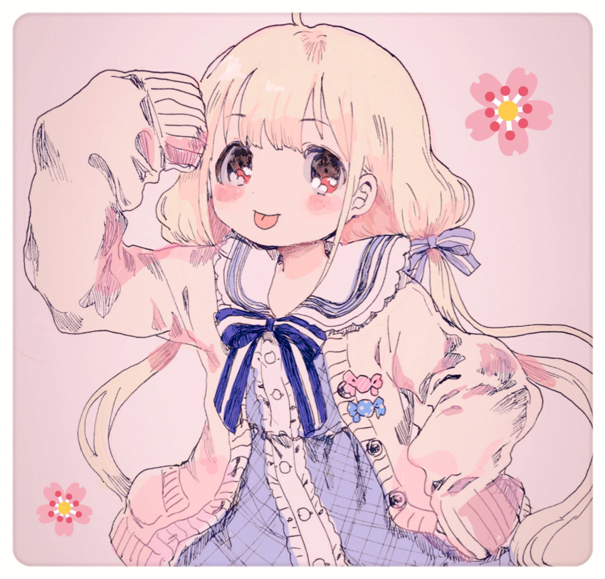 Safebooru - 1girl :p blonde hair blue dress blush cardigan comeco dress flat chest futaba anzu ...