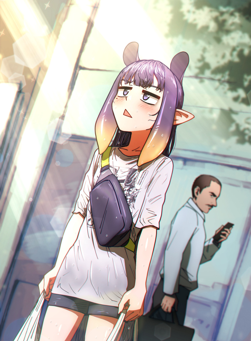 Safebooru - 1boy 1girl bag blush ddolbang dutch angle facial hair fanny ...