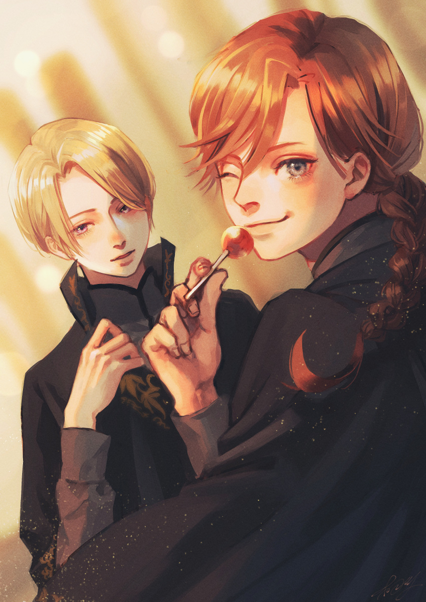 Safebooru - 2boys black robe blonde hair blurry blurry background brown hair candy commission ...
