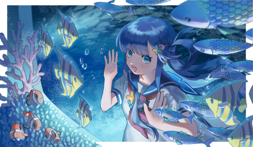 Safebooru - 1girl :d aquarium asari nanami blue eyes blue hair blue ...