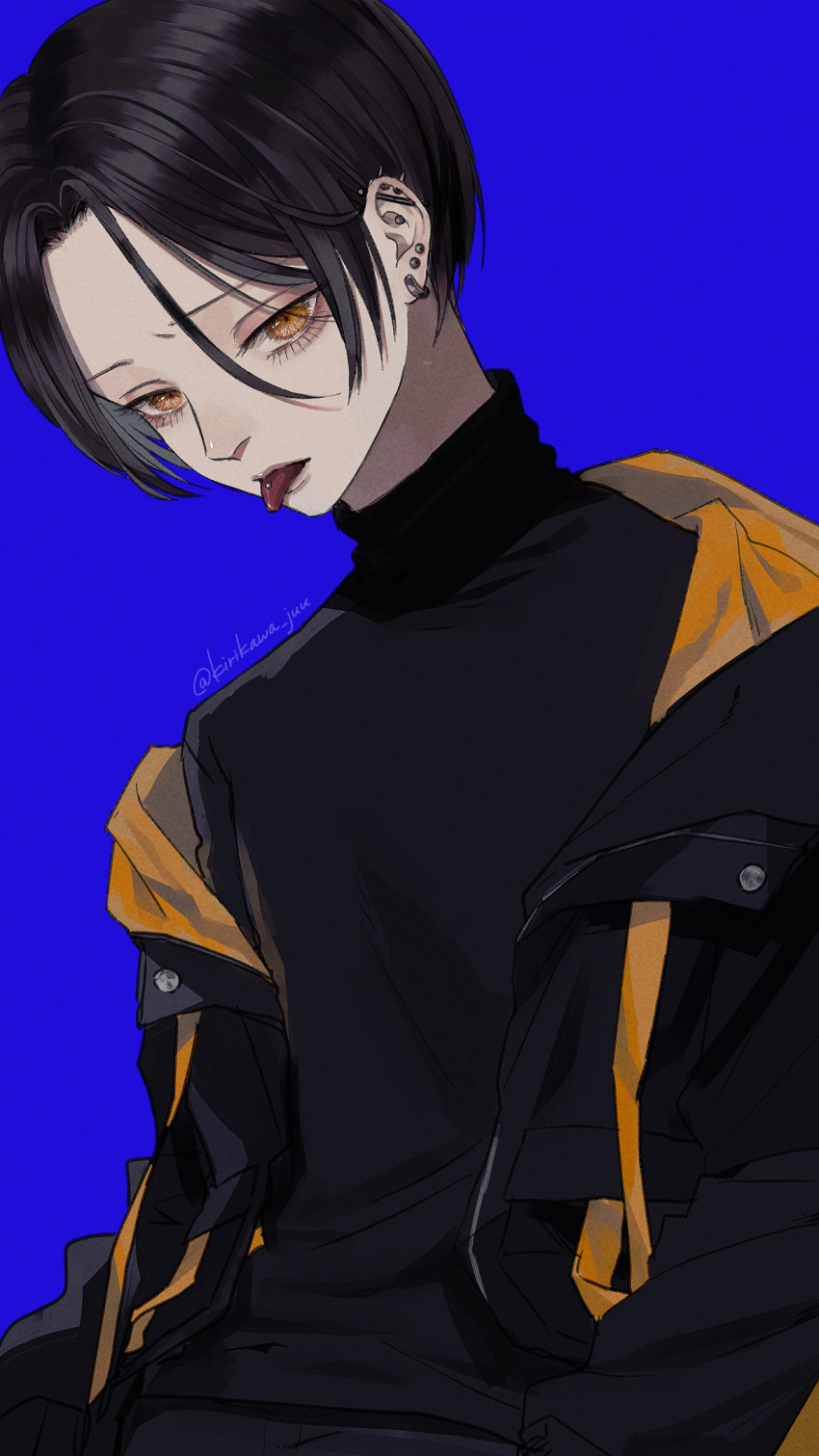 Safebooru - 1boy black hair black jacket black shirt blue background commission earrings hair ...